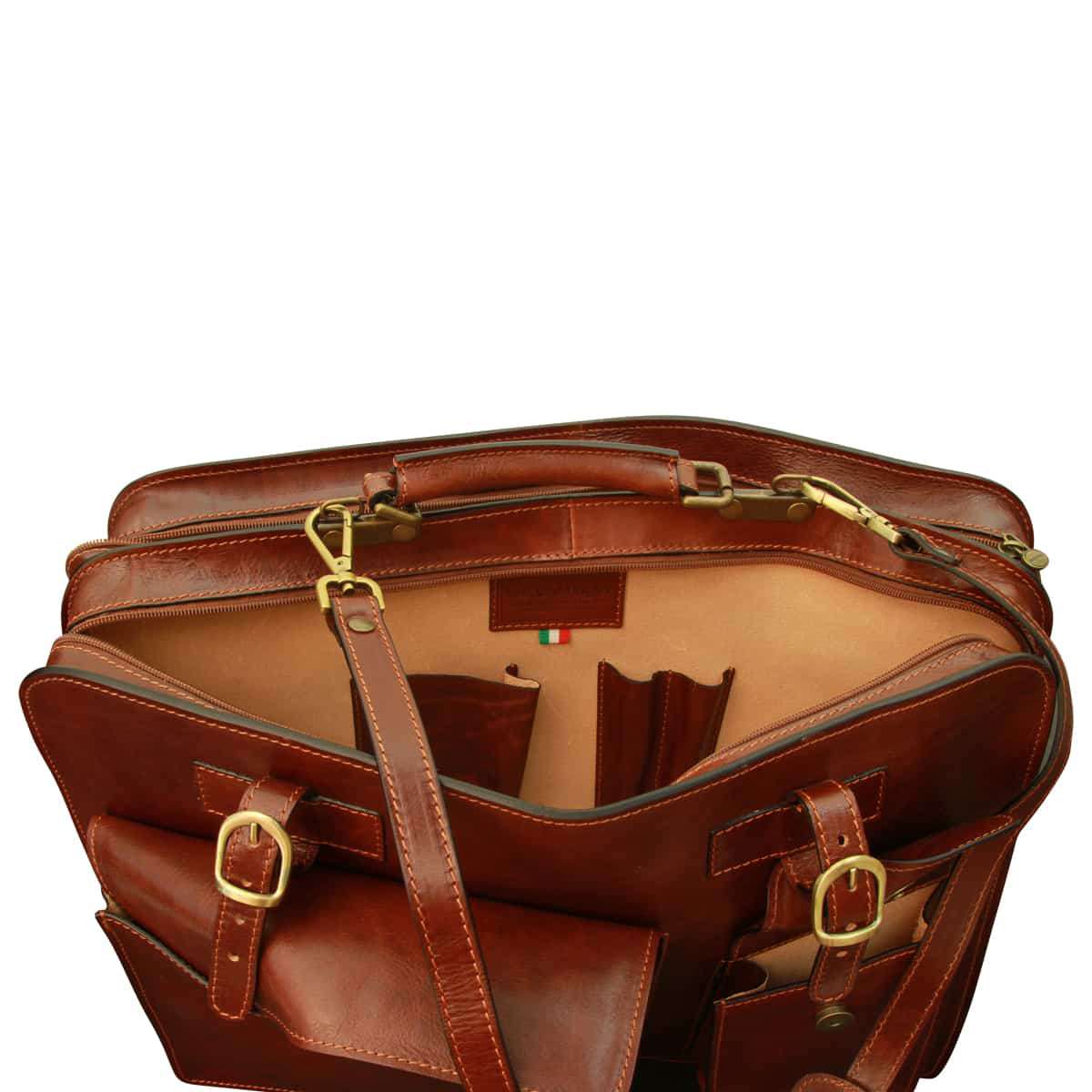 Leather Briefcase with front pockets (magnetic lock) - Brown | 006405MA ...